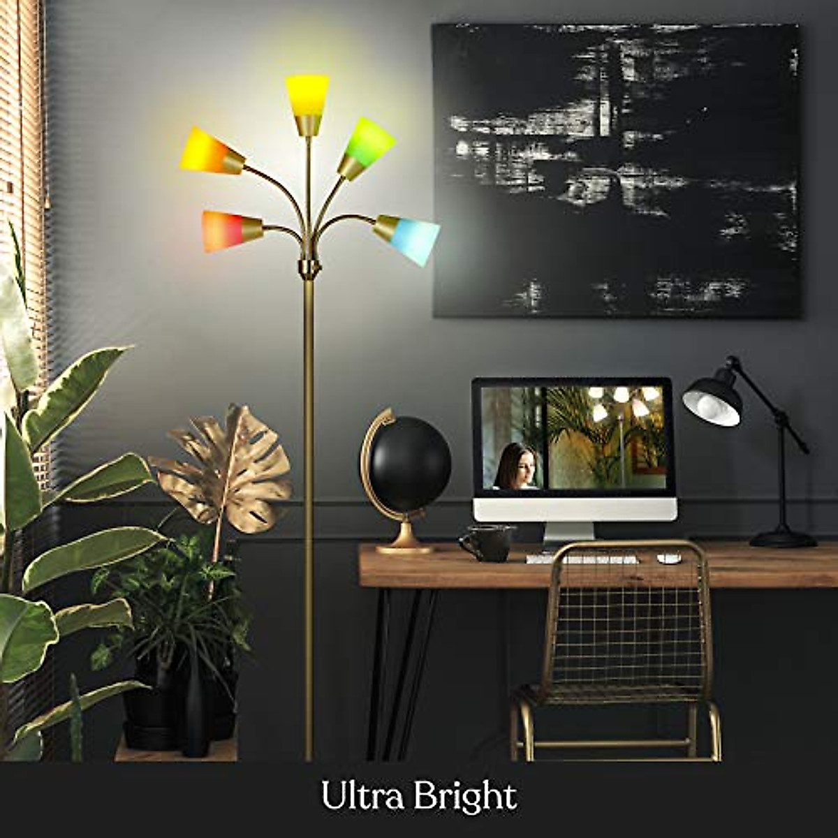 Brightech Medusa Modern LED Floor Lamp – Multi Head Dimmable Floor Lamp for Living Rooms & Offices – Tall Lamp with Interchangeable Shade, Standing Lamp with 5 LED Bulbs for Hobbies - Brass