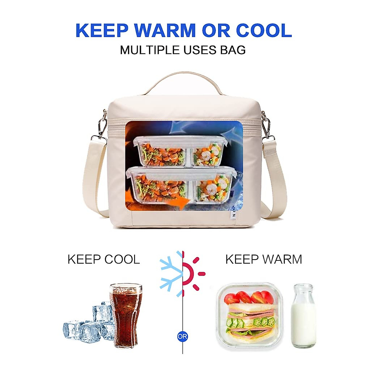 NOL Natural Organic Lifestyle Insulated Lunch Bags for Women Cooler Bag Lightweight Nylon Waterproof Lunch Box For Work（Medium, Cream