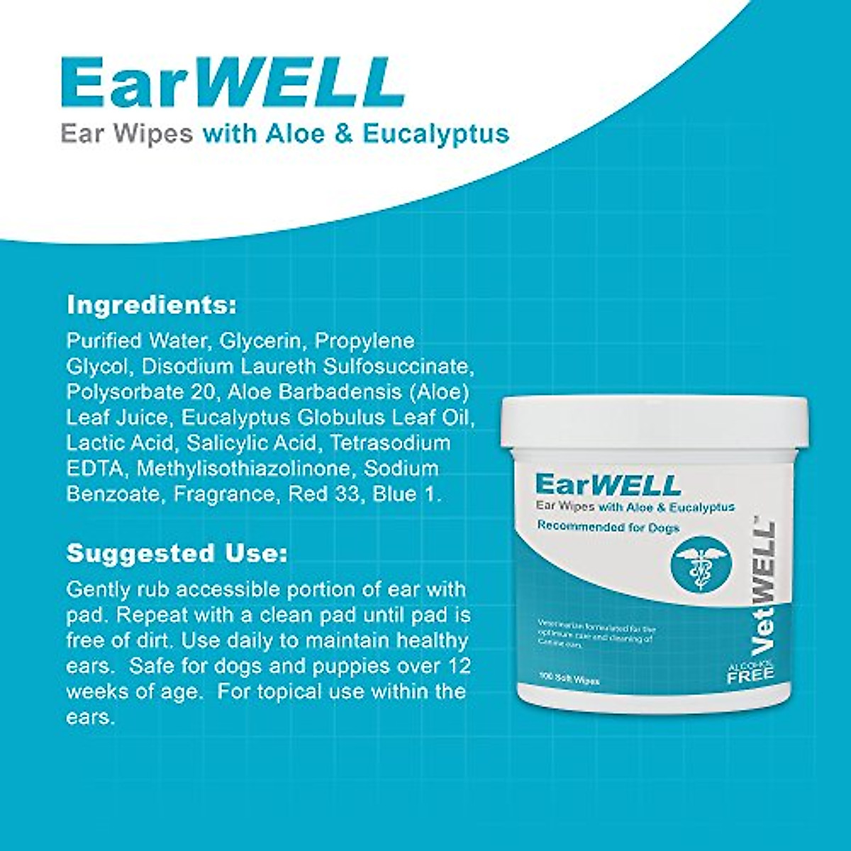VetWELL Dog Ear Wipes - Otic Cleaning Wipes for Infections and Controlling Ear Infections and Ear Odor in Pets - EarWELL 100 Count