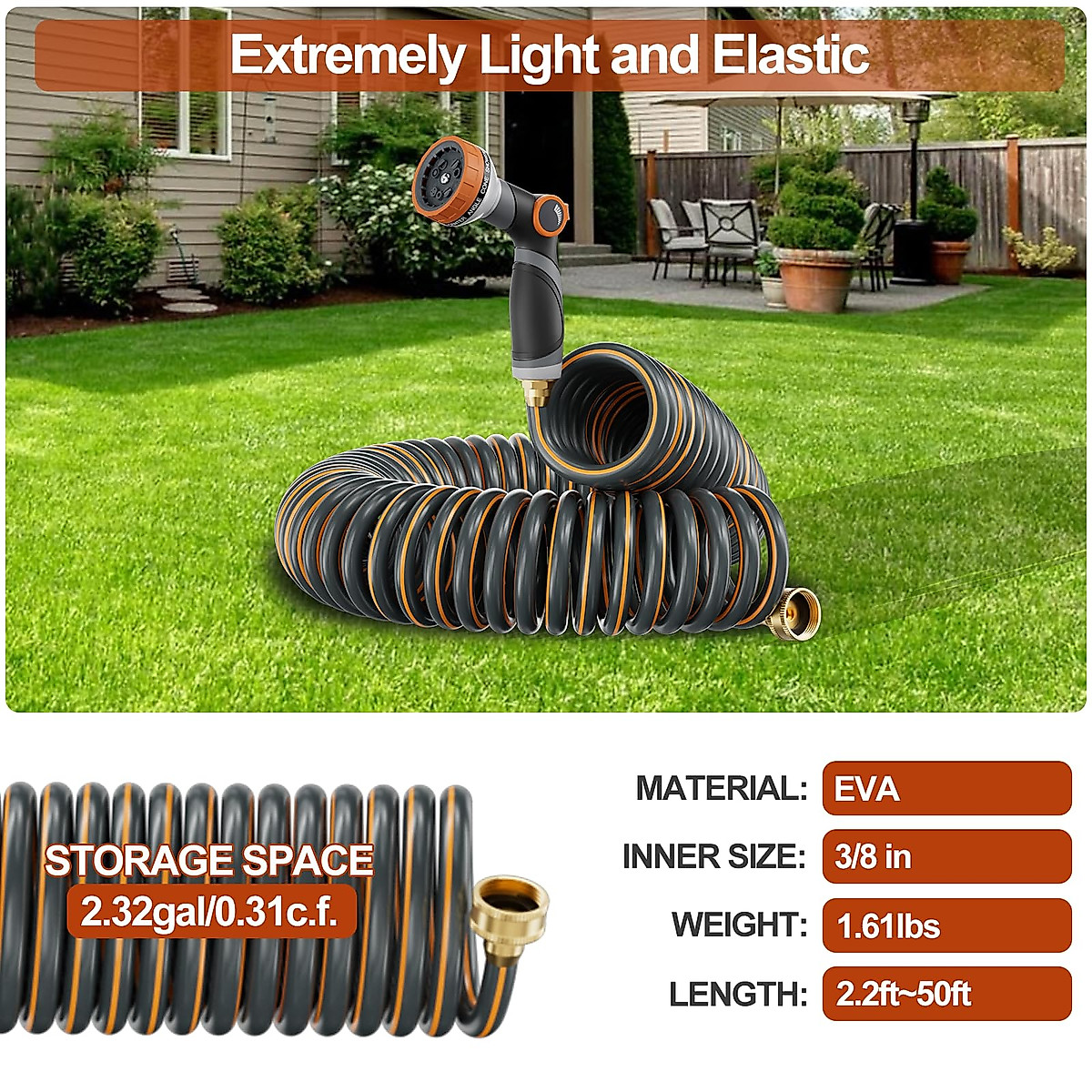 Garden Hose 50 ft, Coil Hose with 10-Pattern Spray Nozzle, Flexible Garden Hose with 3/4" Fittings, Lightweight and No Kink Water Hose, Retractable Collapsible Boat Hose for RV, Yard, Outdoor Watering