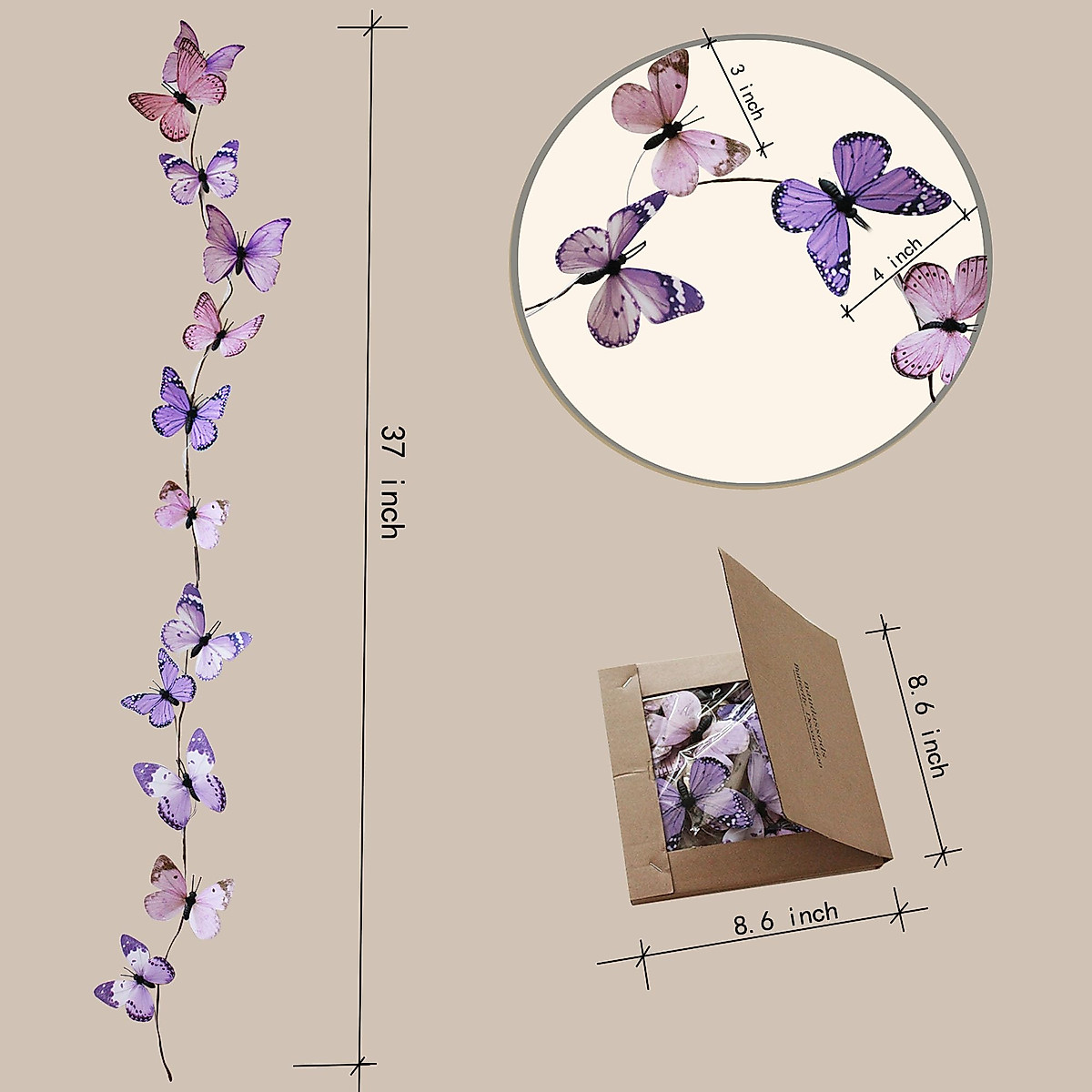 Artificial Butterfly Garland, Fake Butterfly Decorative Vines, DIY 3D Unique Butterfly Hanging Decor for Home Wall Easter Spring Flowers Party Wedding Arch Shopping (Light Purple)
