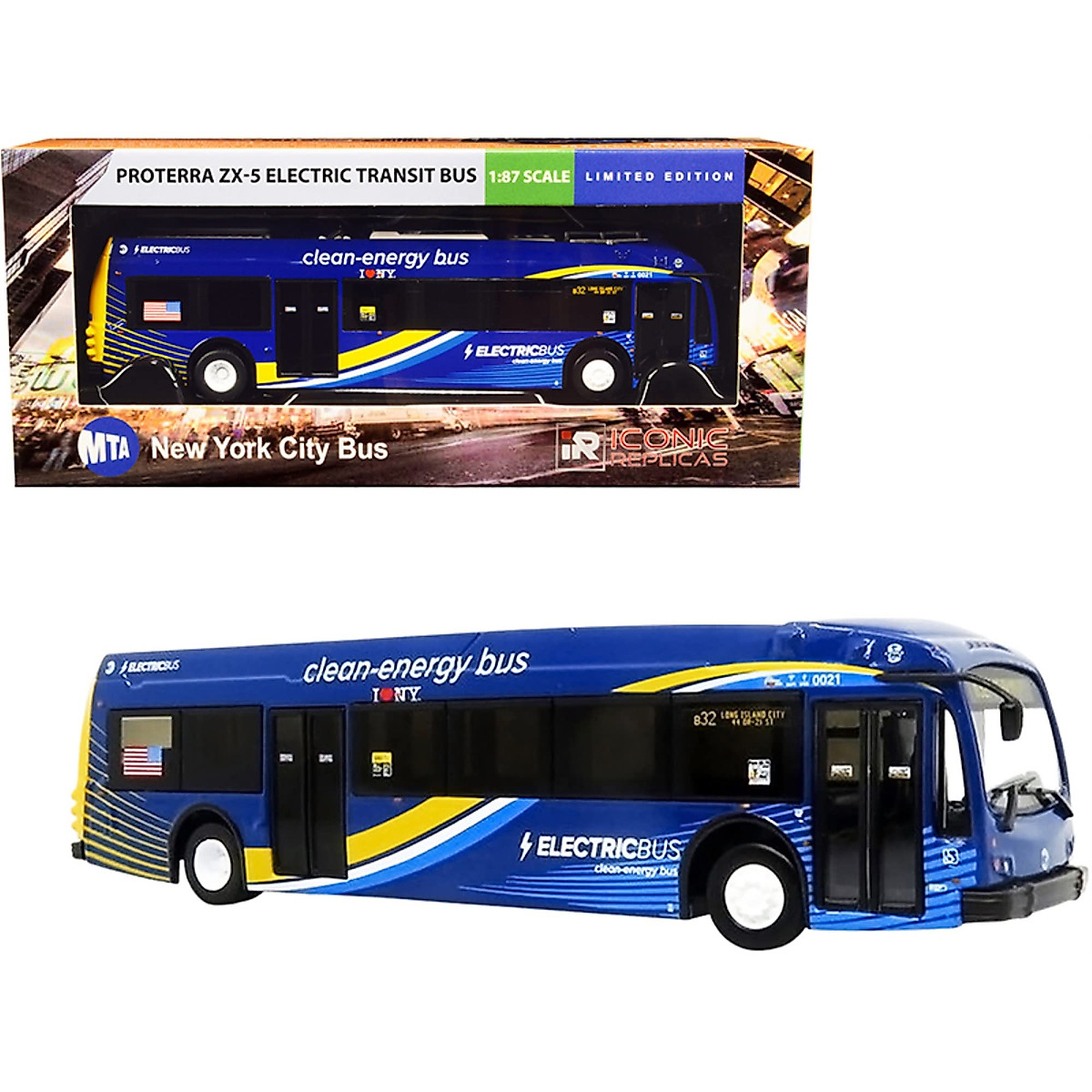 Iconic Replicas Proterra ZX5 Electric Transit Bus #B32 Long Island City MTA New York City Dark Blue w/Stripes 1/87 (HO) Diecast Model 87-0263