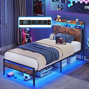 KKL Twin Bed Frames, Storage Headboard with Charging Station, RGB Light Strips, Solid and Stable, Noise Free, No Box Spring Needed, Easy Assembly, Rustic Brown