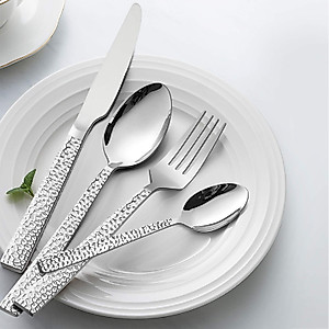 HaWare 65-Piece Hammered Flatware Serving Set, Stainless Steel Silverware Cutlery Set for Home/Hotel/Restaurant, Service for 12, Elegant & Classic Design, Dishwasher Safe-Square Edge
