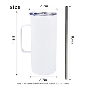 MAIKESUB 4 Pcs Sublimation Blank Skinny Tumbler 16 OZ White Mugs with Handle and Straw Double Wall Stainless Steel Coffee Travel Straight Mug with Sliding Lid