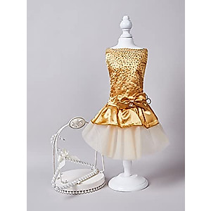 QWINEE Bow Decor Dog Dresses,Sweet Princess Cat Dress Puppy Skirt,Dog Mesh Cake Tutu Dress,Birthday Wedding Party Pet Clothes for Cat Small Medium Dog Doggie Girl Gold X-Small