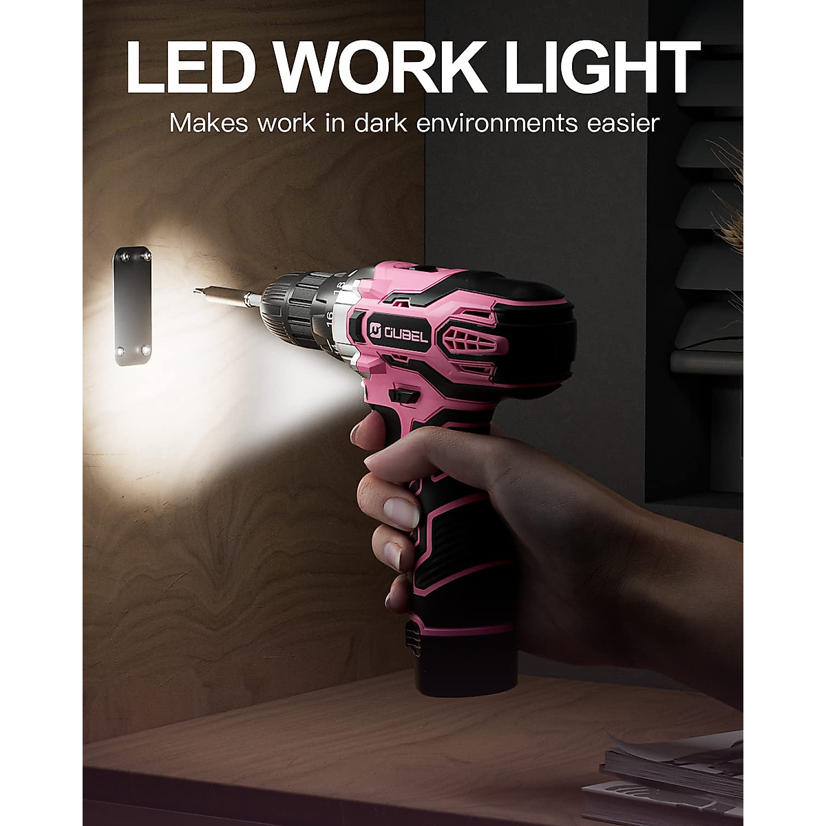 Drill Set, OUBEL 12V Cordless Drill Pink with 42 Acessories, Pink Power Drill Cordless with 3/8" Keyless Chuck, Built-in LED, 2 Variable Speed, Pink Drill for DIY Home Projects, Around the House