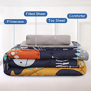 Wowelife Toddler Bedding Sets for Boys, Premium 4 Piece Dinosaur Toddler Comforter Set, Blue Grey Toddler Bed Set, Super Soft and Comfortable for Toddler(Dark Blue)