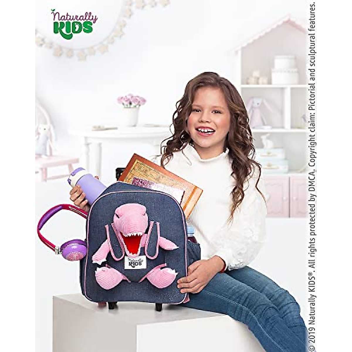 Naturally KIDS Dinosaur Backpack - Dinosaur Toys for Kids 3-5 - Kids Suitcase for Boys Girls w Stuffed Animal - Gifts for 7 Year Old Boy - w Pockets & Reflective Logo - Rolling Backpack w Pink T Rex