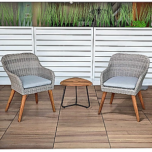 Soleil Jardin Outdoor 3-Piece Bistro Set with Seat Cushion, Two Chairs and Wood Top Side Table, Gray Wicker with Wood Leg