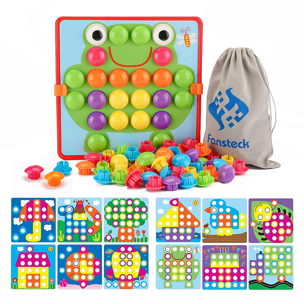 Fansteck Button Art Toy for Toddlers, Color Matching Early Learning Educational Mosaic Pegboard, Safe Nontoxic ABS Plastic Premium Material, 12 Pictures and 46 Buttons,with a Bag Easy to Storage
