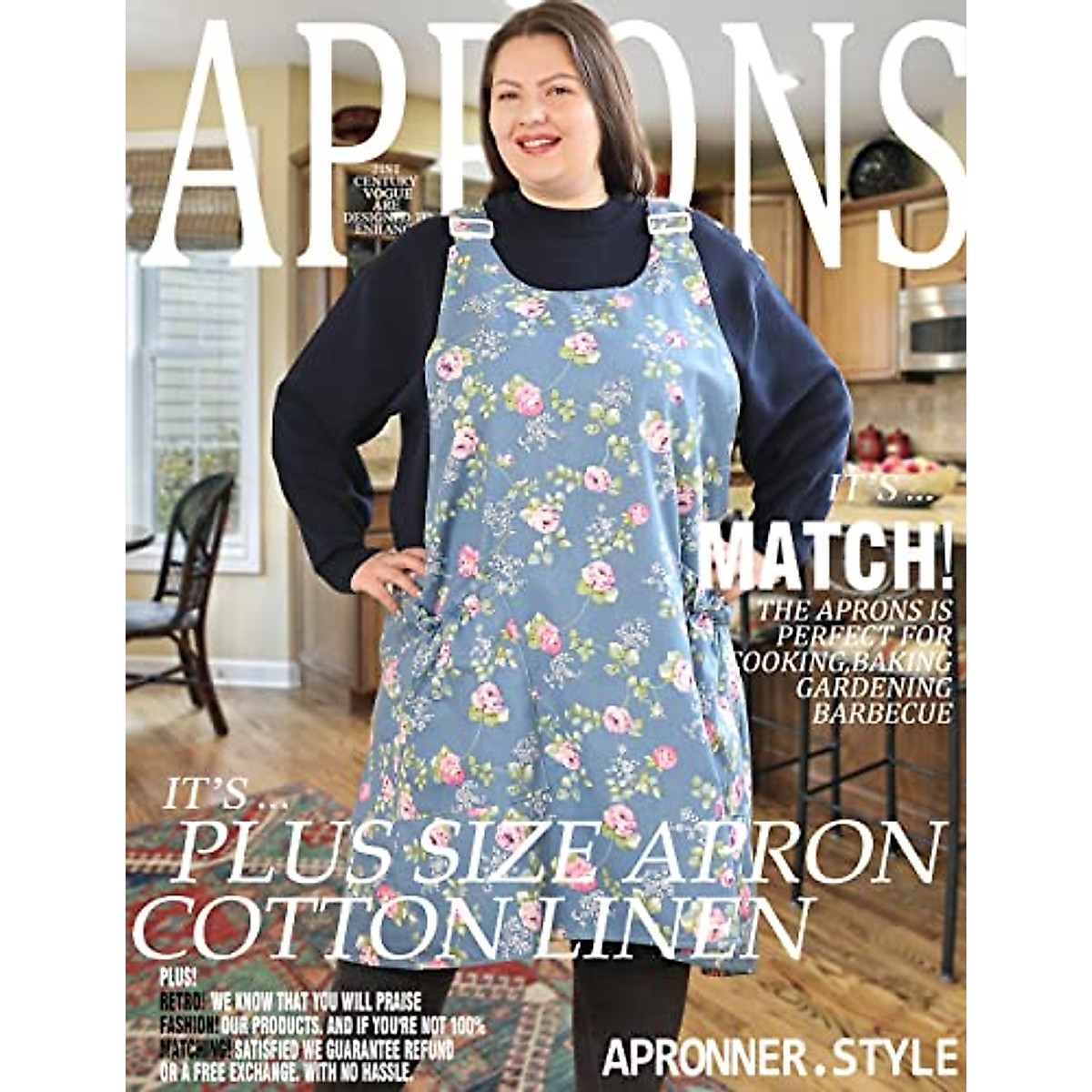 APRONNER Big Plus Size Aprons for Women with Pockets Cotton Linen Baking Kitchen Cooking Rose Flower
