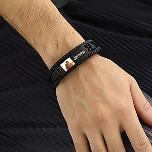 U7 Fathers Gift Bracelet with Picture Side, Braided Black Leather Cuff Bracelet Personalized Photo Printing Custom Engraved Bar Layered Wrap Bracelets for Men Women
