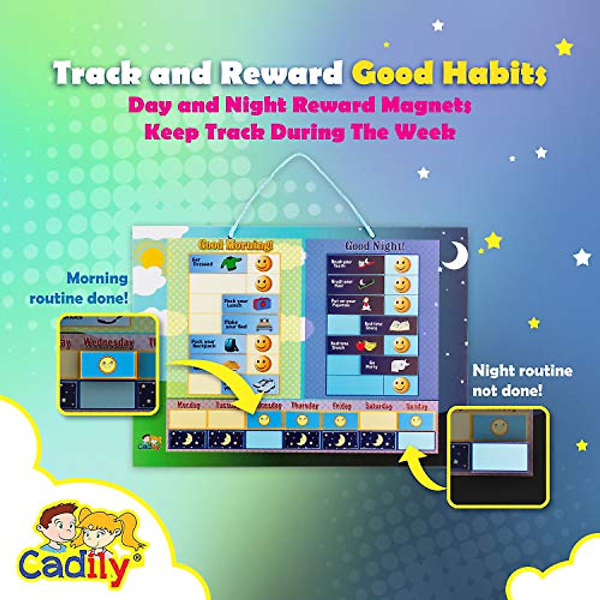 Cadily Day & Night Magnetic Chore Chart for Kids. Reward Good Habits with a Morning & Night Time Kids Chore Chart for Kids & Toddlers. A Daily Chore Chart for Kids Works Great as a Behavior Chart.