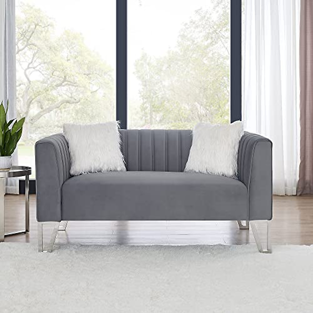 Melpomene Velvet Living Room Loveseat Sofa with Mirrored Side Trim,Faux Diamonds and 2 Villose Pillows,Grey