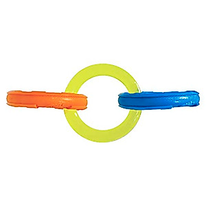 Nerf Dog Rubber 3-Ring Tug Dog Toy, Lightweight, Durable and Water Resistant, 10.5 Inches, for Medium/Large Breeds, Single Unit, Blue/Green/Orange