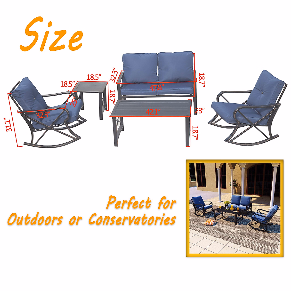 PatioFestival Patio Furniture Set Outdoor Patio Conversation Sets Modern Metal Sofa Sectionals with Rocking Chair, Loveseat and Coffee Table of Metal Frame, Cushions for Pool-Side Lawn (5 PCS, Blue)