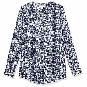 Amazon Essentials Women's Long-Sleeve Woven Blouse, Navy/White, Large