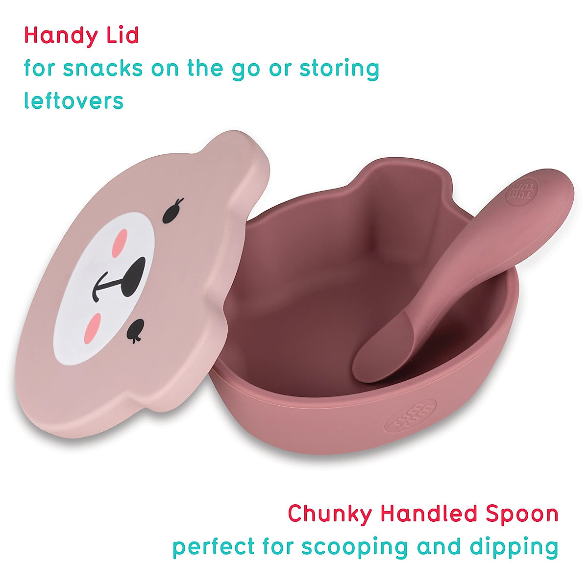 TUM TUM Suction Bowl for Baby, Toddler Bowl with Lid & Spoon, for Babies & Toddlers 6 Months+, BPA Free Silicone Baby Feeding Set, Microwave/Dishwasher/Freezer Safe, Betsy Bear, Pink