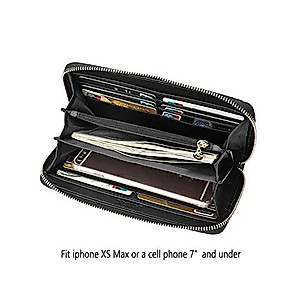 Women large Wallet soft leather wristlet Card Organizer Phone holder Ladies Clutch Long Purse with Wrist Strap Zipper around (F black) …
