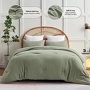 CozyLux Olive Green Comforter Set Full Size, 3 Pieces Solid Breathable Quilted Style Bedding Sets, Luxury Fluffy Soft Microfiber Comforter for All Season(1 Comforter & 2 Pillowcases)