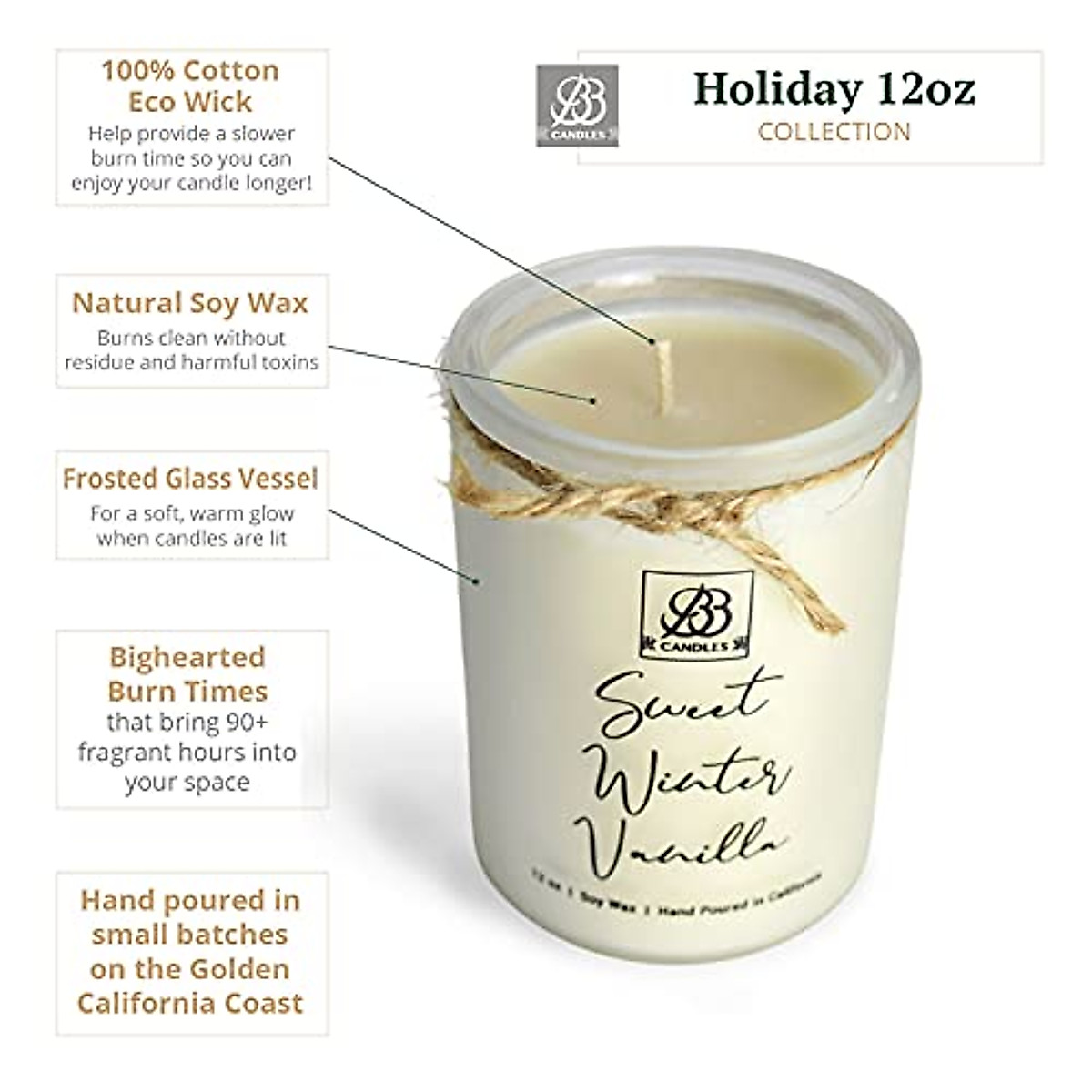 BB Candles Winter & Fall Collection - Natural Soy Hand Poured Fragrant Candles, Frosted Jars with Bamboo Lid, Ideal for Home Decor & Relaxation, 90+ Hours Burn Time, 12oz (Sweet Winter Vanilla)