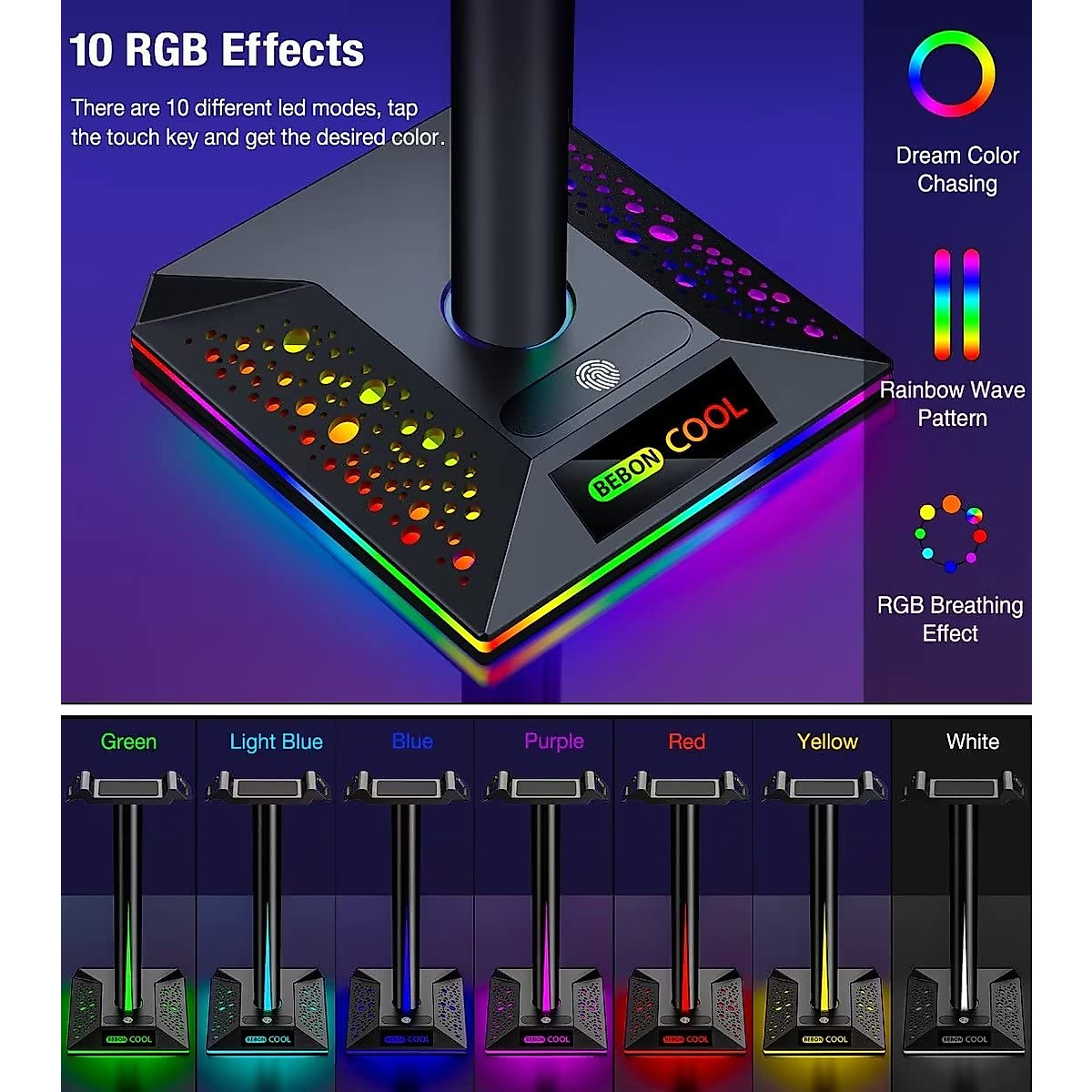 EUROA Headphone Stand Gaming Desk Headset Stand Holder with 10 RGB Lights, Head Set Desk Hook Gift Accessories for Gamer, Backpack Gaming Headpones Stand with 2 USB Charing Ports