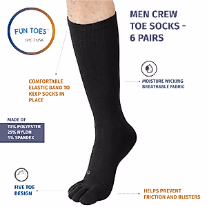 FUN TOES Men Crew Toe Socks Athletic Running Socks - Arch Support - Proper Toe Alignment - Breathable Mesh Top - Soft and Stretchy Value 6 Pairs Pack size 6-12 (Black)