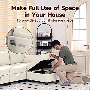 Real Relax 81.5'' Convertible Sectional Sofa Couch, 3 Seats L Shaped Linen Fabric Modular Sofa with Removable Pillows and Movable Ottoman, Beige