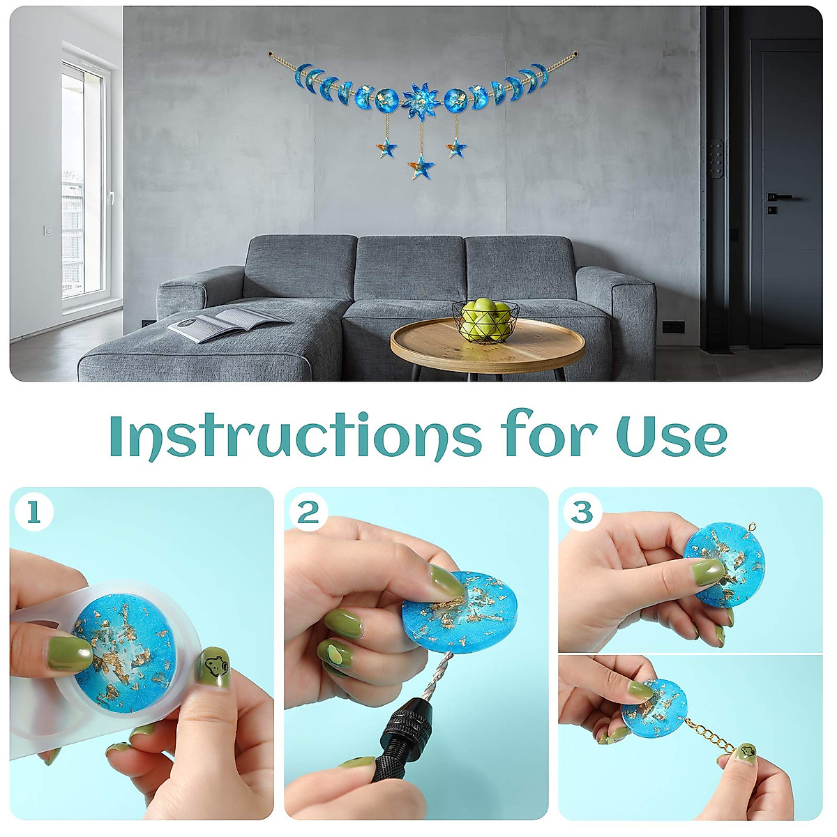 Moon Phase Resin Mould, Sun Mould Star Silicone Mould, Full Moon Epoxy Moulds with Accessories, Wall Hanging Decoration for Bedroom, Living Room, Apartment or Dorm