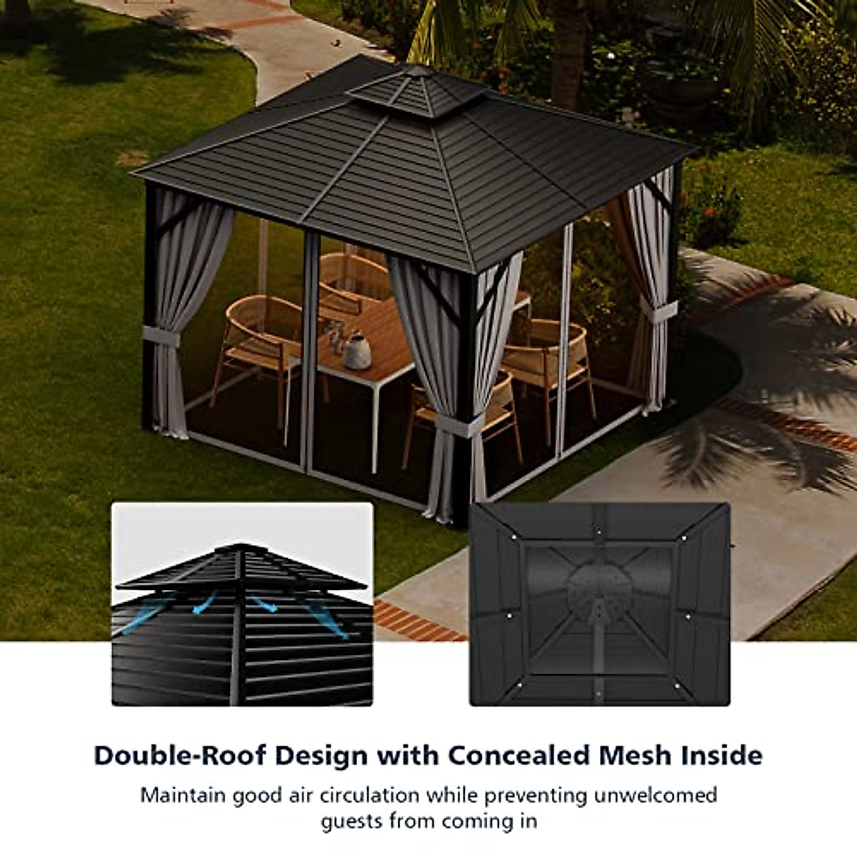 Tangkula 10x10 Ft Hardtop Gazebo, Double-Top Outdoor Gazebo with Galvanized Steel Roof, Anti-Rust Aluminum Frame, Patio Gazebo Pavilion with Netting and Curtains for Patio, Garden, Lawn