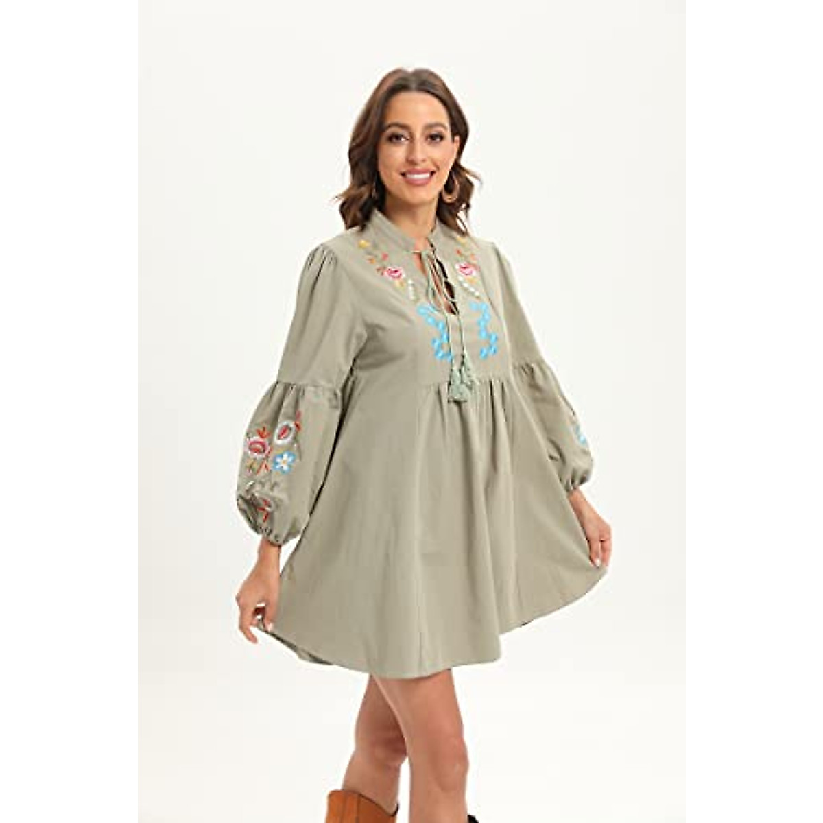 Aofur Women Bohemian Vintage Embroidered Cotton Spring Shift Mini Dress Long Sleeve Casual Tops Blouse (Medium, SR069 Green)