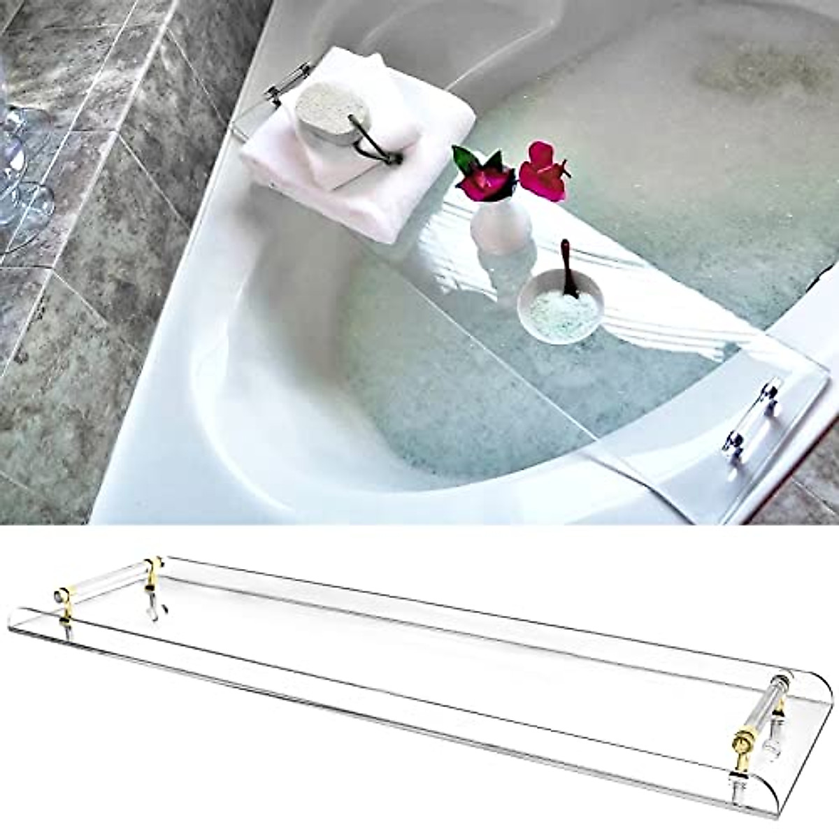 AKaSping 31" Bathtub Rack Clear Bathtub Tray Caddy Tub Shelf Spa Board with Handles Waterproof Bathroom Bathtub Table for Phone Candles Food Wine Glass