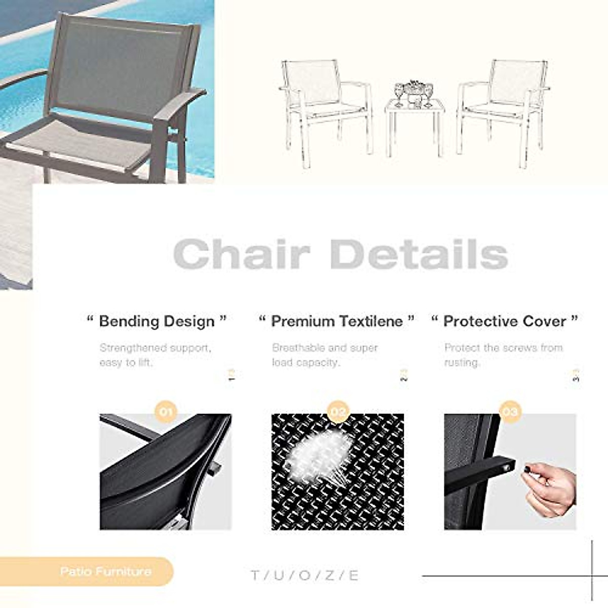 Tuoze 3 Pieces Patio Furniture Set Outdoor Garden Conversation Sets Modern Porch Furniture Lawn Chairs with Glass Coffee Table for Poolside Backyard Balcony