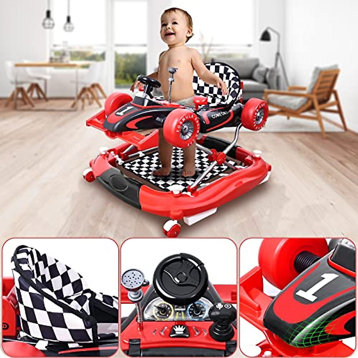 Baby Walker, 4-Mode＆4-Gear Height Adjustable Baby Walker with Wheels, Foldable Baby Walkers and Activity Center with Foot Pads, Infant Toddler Walker, Baby Walkers for Baby Boys and Girls 6-24 Months