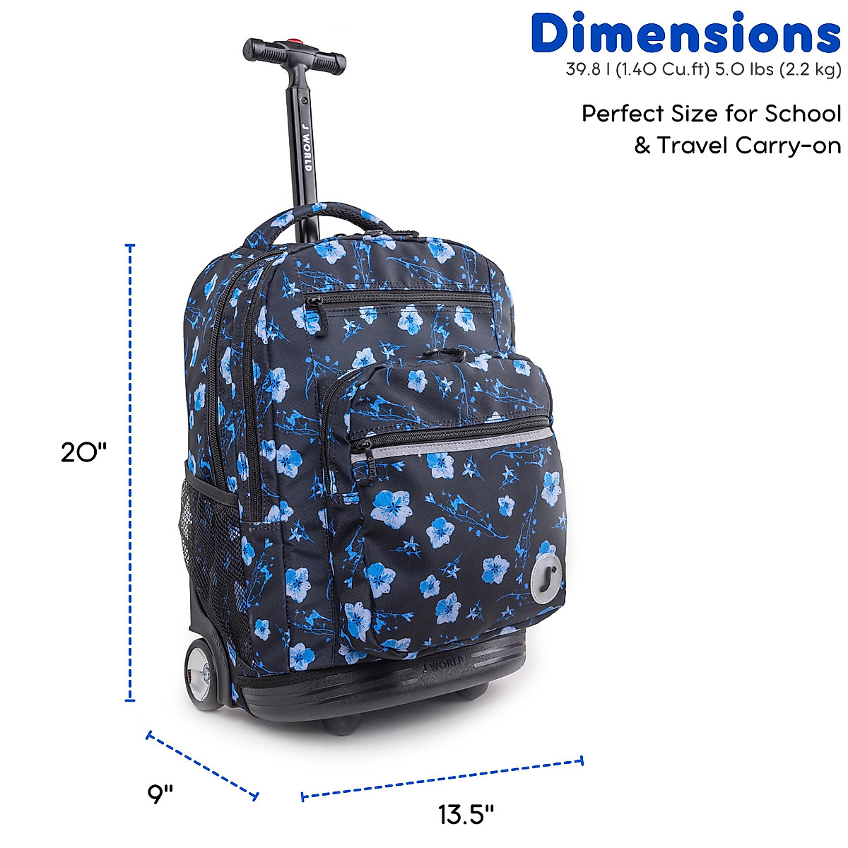 J World New York Sundance Rolling Backpack Girl Boy Roller Bookbag, Night Bloom, 20 X 13 X 9 (H X W X D)