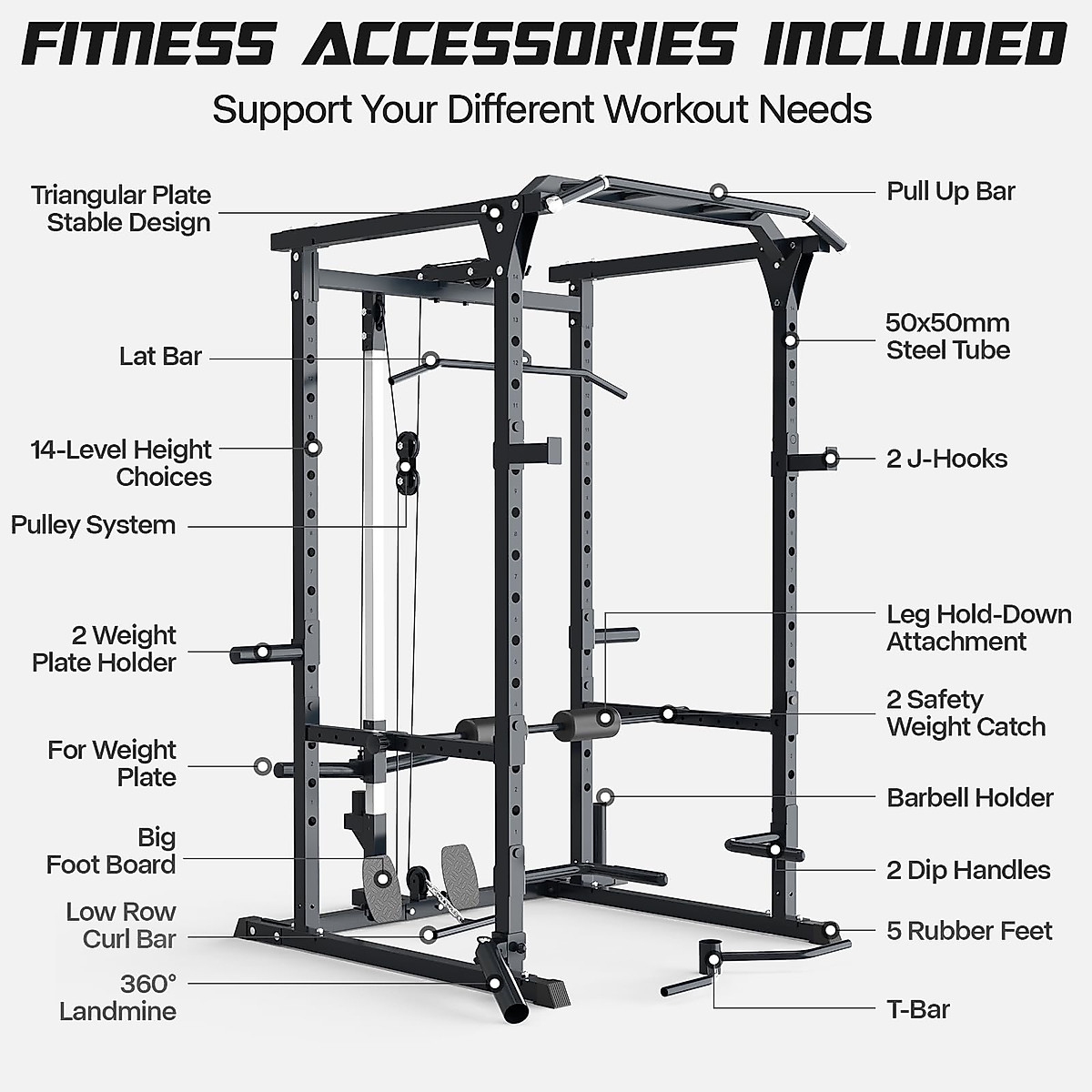Mappding 1500 LBS Power Cage, Squat Rack for Home Gym with LAT Pullup System with 3 Grip Variation, T Bar, Leg Hold-Down Attachment, Weight Cage with More Training Attachment for Garage Workout, Black