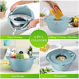 4-1 Colander with Bowl Set - Strainers for Kitchen, Food Strainers and Colanders, Pasta Strainer, Rice Strainer, Fruit Cleaner, Veggie Wash, Aesthetic Cooking Present Kitchen Essentials - Blue