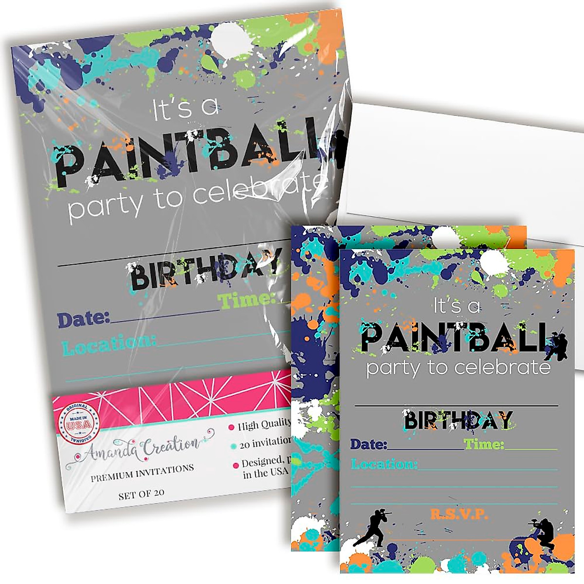 Paintball Themed Birthday Party Invitations, 20 5x7 Fill In Cards with Twenty White Envelopes by AmandaCreation