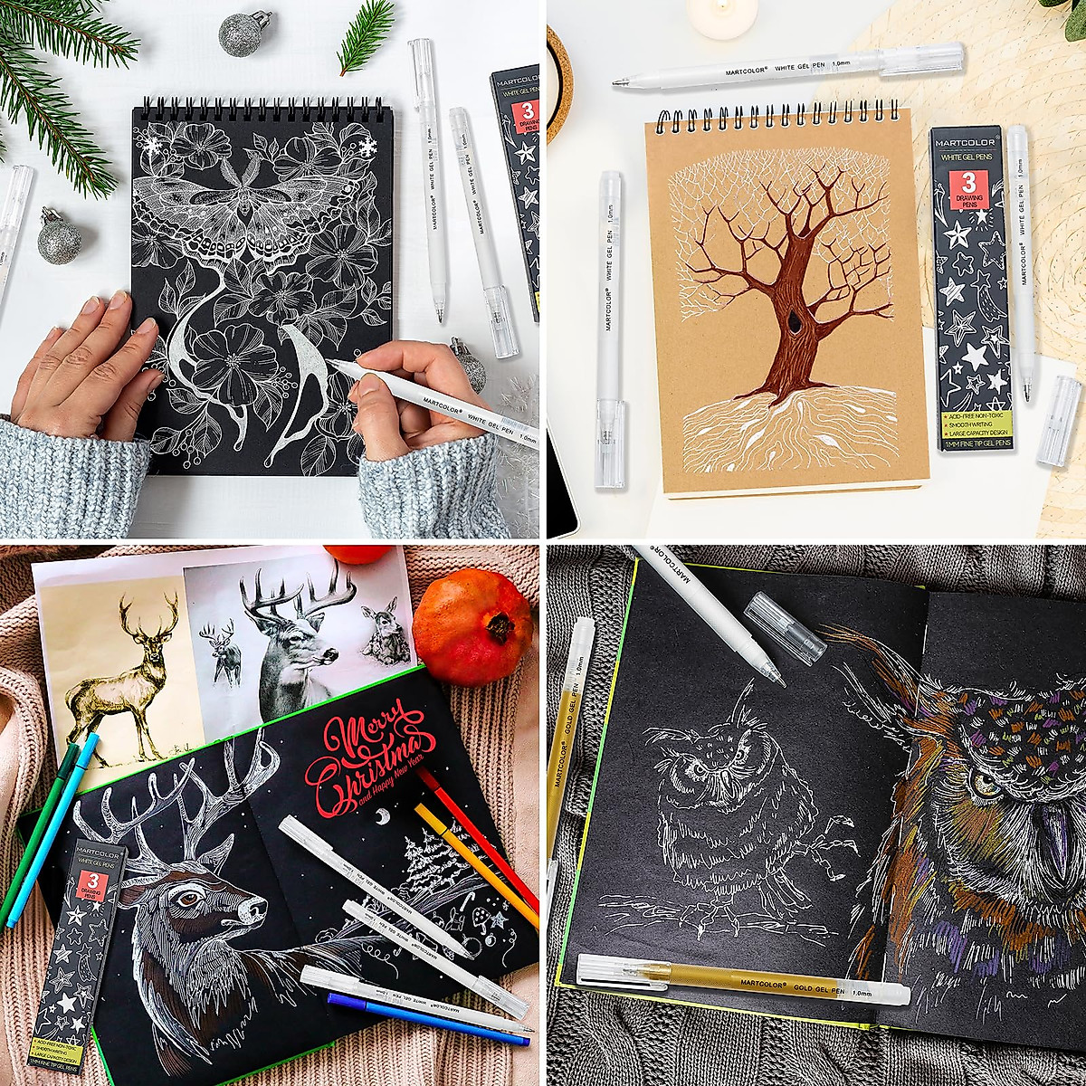 MARTCOLOR White Gel Pens, 1mm Fine Point Gel Ink Pen Opaque Archival Ink Pens for Black Paper Drawing, Sketching, Illustration, Card Making, Bullet Journaling, 3 Pack