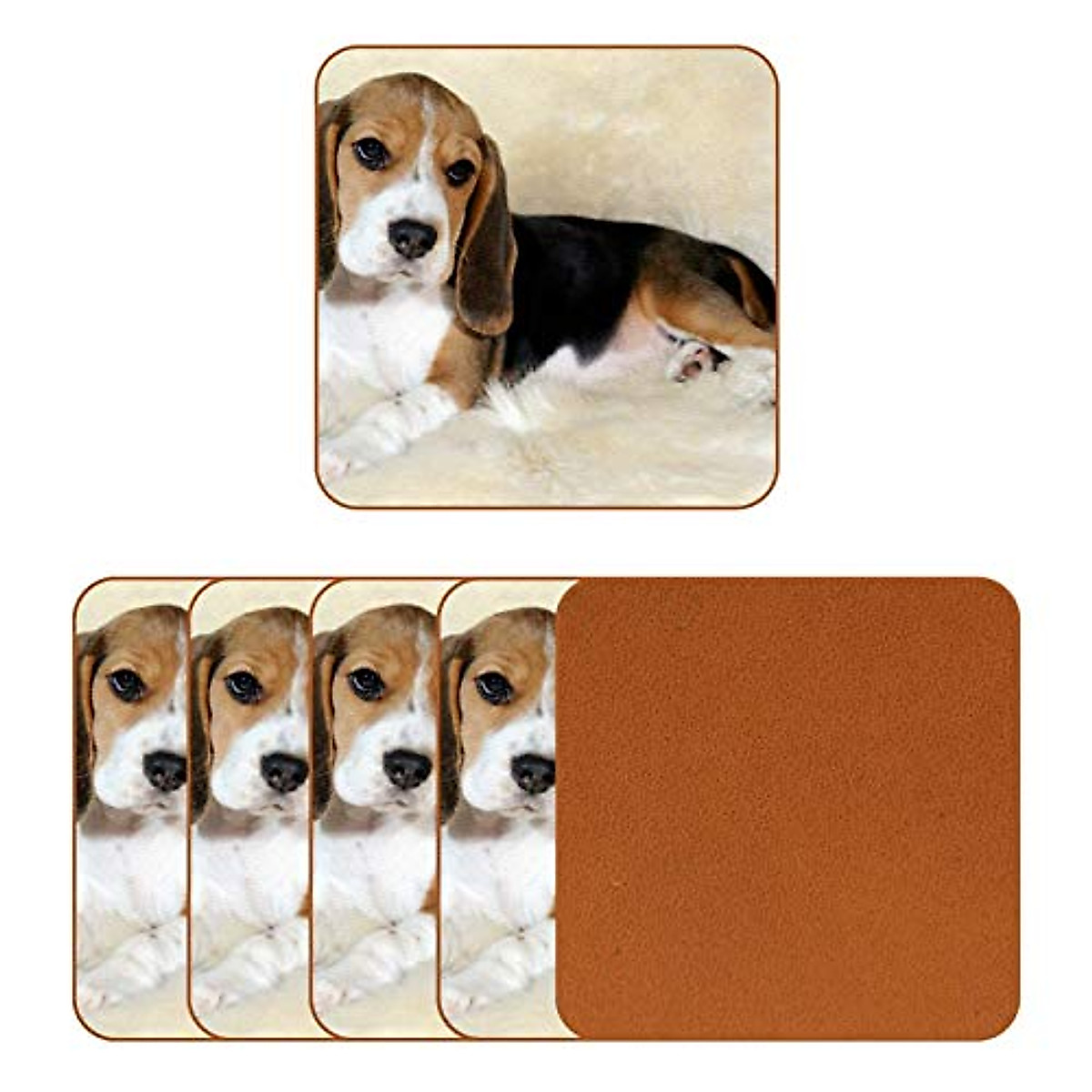Coasters for Drinks Dog Lay Sleepy Leather Square Mug Cup Pad Mat for Protect Furniture, Heat Resistant, Kitchen Bar Decor, Set of 6