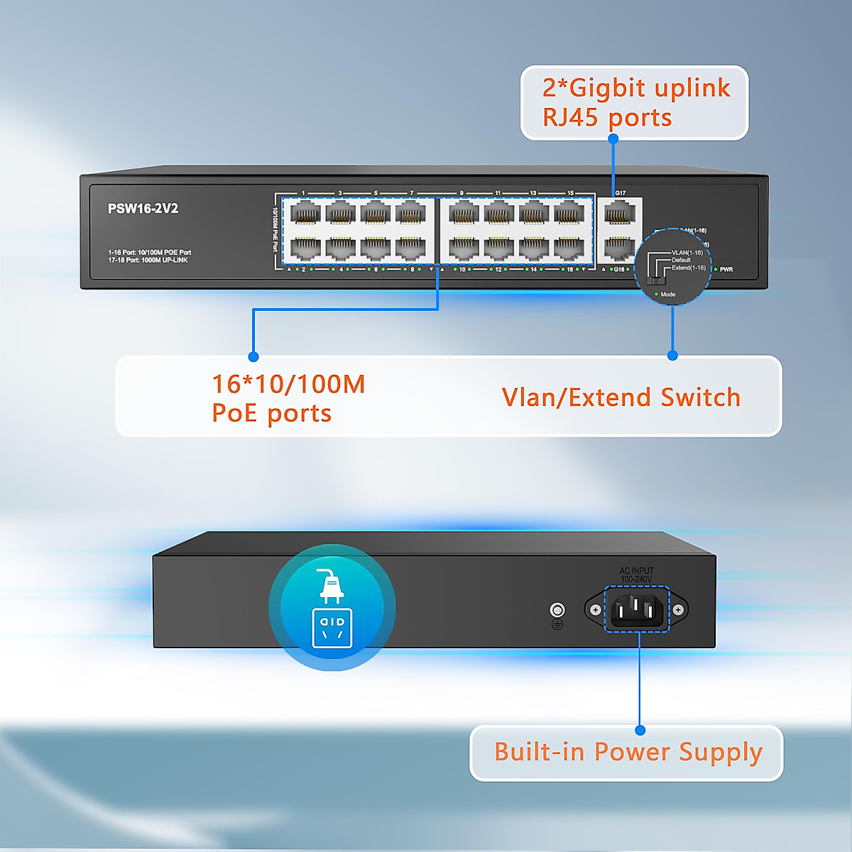 Real HD 16 Port PoE Switch, High Power 300W, 16 PoE+ 100Mbps Ports with 2 Gigabit Uplink Ethernet Ports, Unmanaged Plug and Play, Each Port Up to 30W, 803.af/at Compliant, Rack Mount