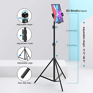 Smatree iPad Tripod Stand Floor Stand, Height Adjustable Foldable Tripod Stand for Cell Phone/Tablet/Camera/Logitech Webcam, Compatible with iPhone/iPad Pro/Mini/Air, Height Adjustable 27.5-82.6 Inch
