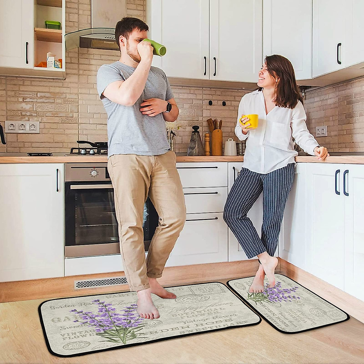 ALAZA Lavender Blossom Flower Non Slip Kitchen Floor Mat Set of 2 Piece Kitchen Rug 47 x 20 inches + 28 x 20 inches for Entryway Hallway Bathroom Living Roo