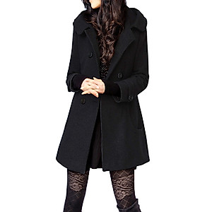 Tanming Women's Warm Double Breasted Wool Pea Coat Trench Coat Jacket with Hood (Black-XXL)