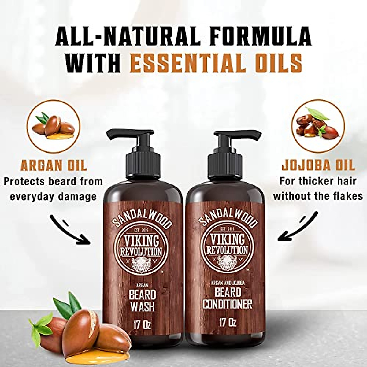 Beard Wash & Beard Conditioner Set w/Argan & Jojoba Oils - Softens & Strengthens - Natural Sandalwood Scent - Beard Shampoo w/Beard Oil (17 oz)