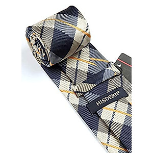 HISDERN Ties for Men Brown Plaid Tie Pocket Square Set Extra Long Mens Neckties and Handkerchief Formal Silk Checkered 63'' Necktie for Business