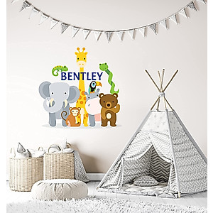 Custom Name Jungle Animals Wall Decal - Baby Safari Zoo Animals Series Theme Wall Art Decal - Wall Decal for Nursery Bedroom playroom Decoration (Wide 16"x16" Height)