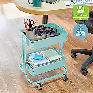 ECR4Kids 2-Tier Metal Rolling Utility Cart - Under Desk Office Storage, Multipurpose Mobile Organizer, Teal
