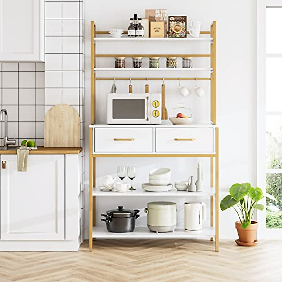 HITHOS Industrial 5-Tier Kitchen Bakers Rack with 2 Drawers, Microwave Oven Stand with Storage Shelves and Hutch, Kitchen Shelf with Storage, Coffee Bar for Living Room, Home Office, Gold White